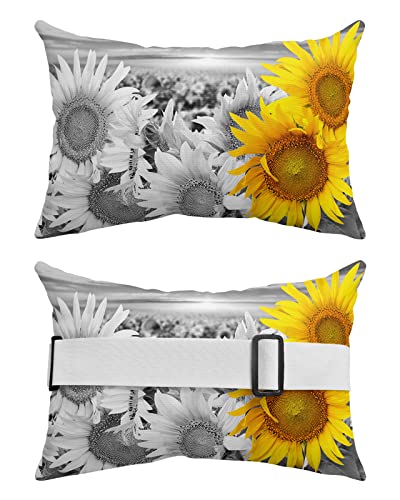 Recliner Head Pillow Ledge Loungers Chair Pillows with Insert 2 Yellow Sunflowers Black and White Background Lumbar Pillow with Adjustable Strap Outdoor Waterproof Patio Pillows for Beach Pool, 2 PCS
