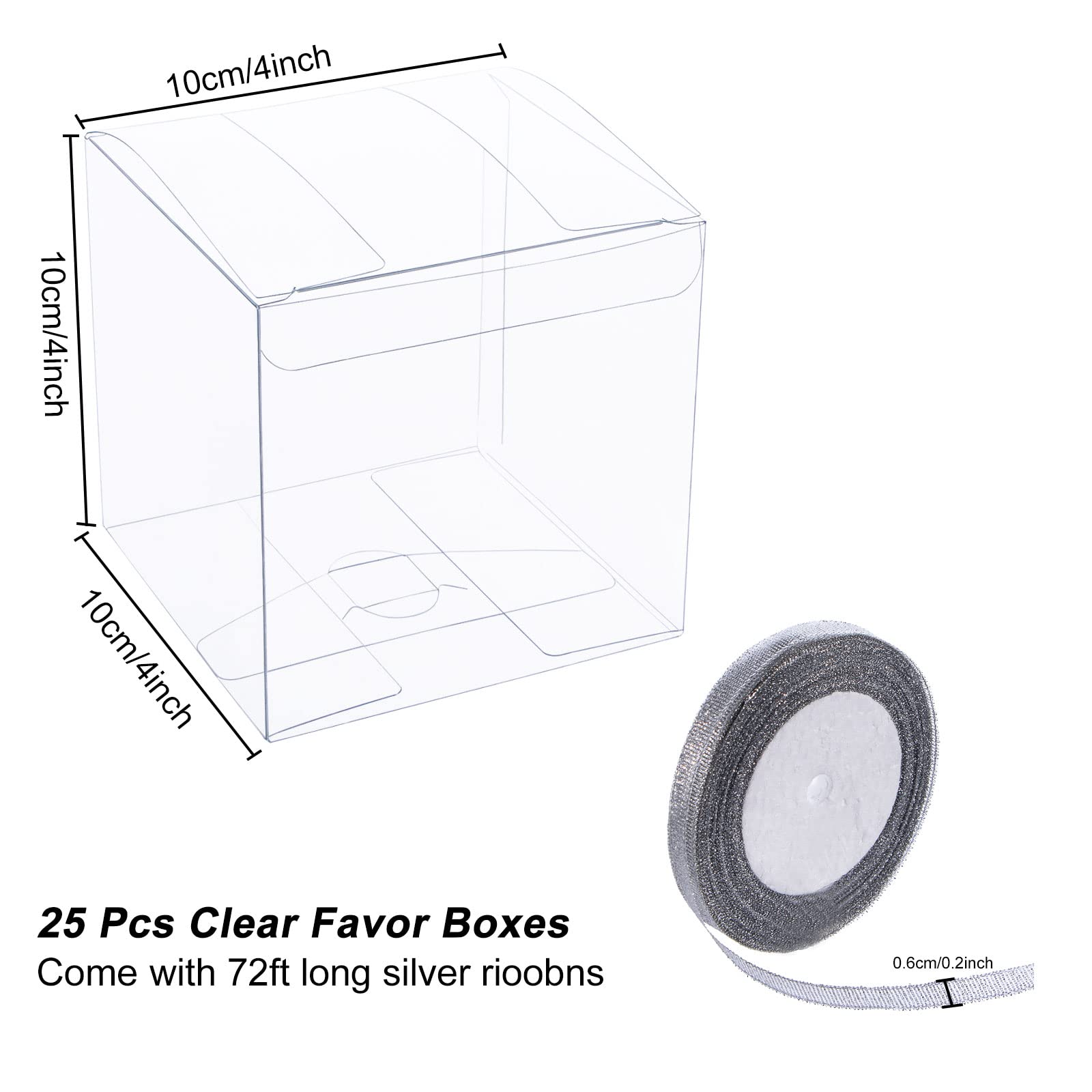 Sdootjewelry 4''×4''×4'' Clear Favor Boxes, 25 Packs Clear Gift Boxes with Ribbon, Clear Boxes for Favors, Transparent Plastic Gift Boxes for Wedding Party Baby Shower
