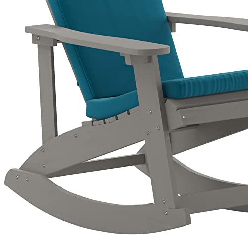 Flash Furniture Savannah Rocking Adirondack Chairs Poly Resin Frame All-Weather Cushions-Indoor/Outdoor Use, Set of 2, Gray/Teal