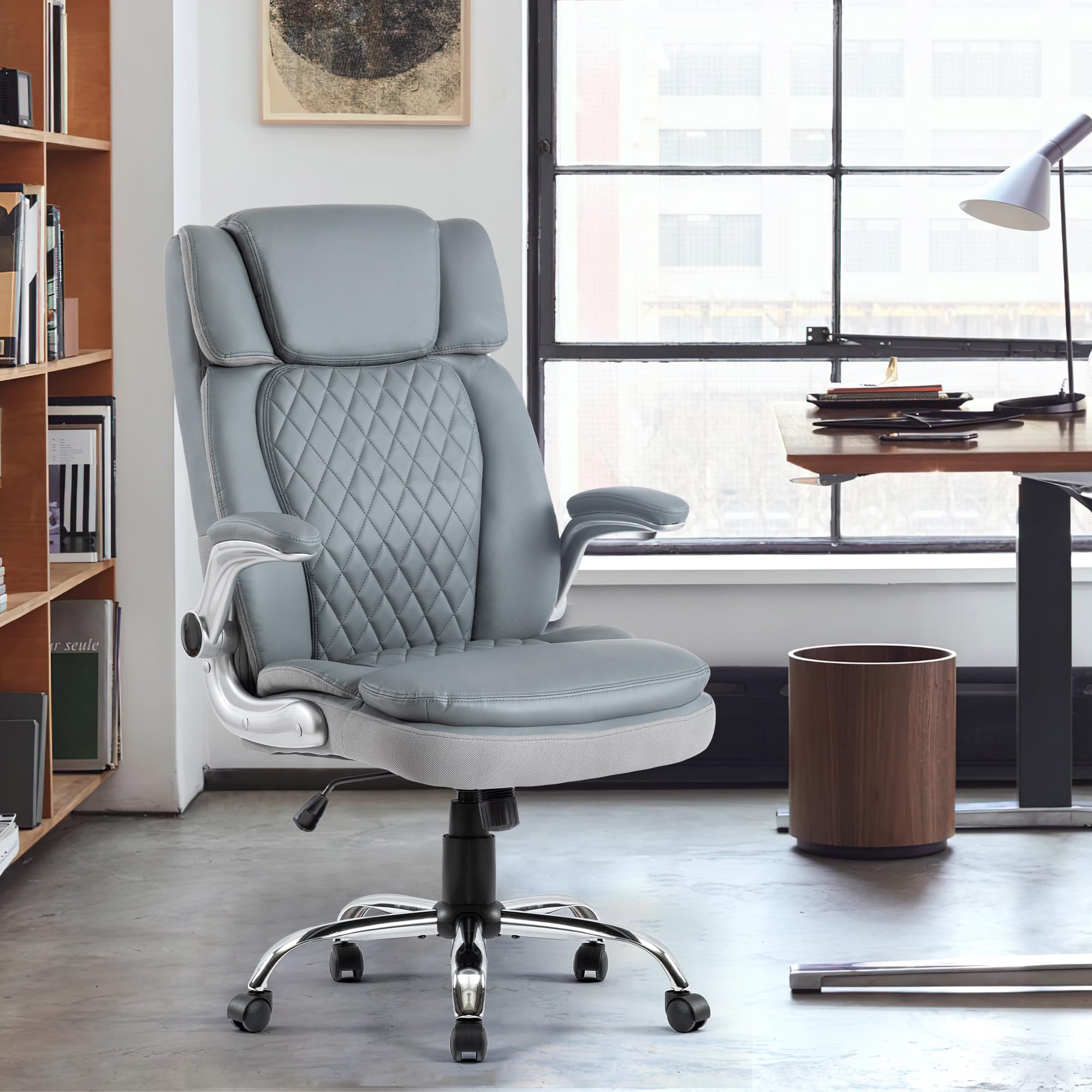 HOMYEDAMIC High Back Office Chair with Adjustable Arms, PU Leather Computer Executive Chairs Big Tall Swivel Ergonomic Adjustable Tilt Angle, Thick Seat 7012-Grey