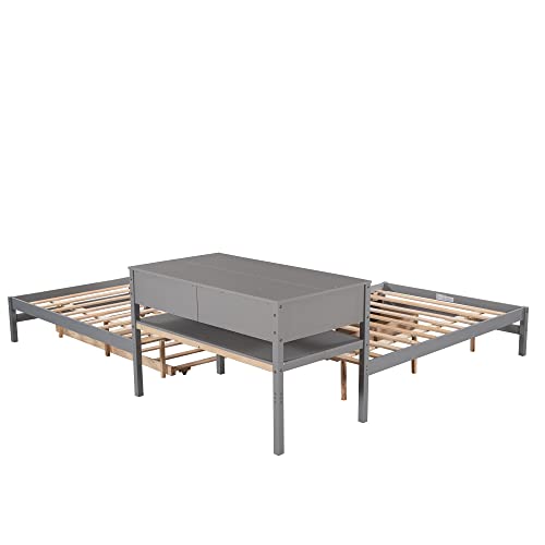 MOEO L-Shaped Full Size Platform Bed with Trundle and Drawers Linked w/ Built-in Desk for Kids, Bedroom, Teens, Adults, No Box Spring Needed, 3 Wood Bedframe in 1, Gray
