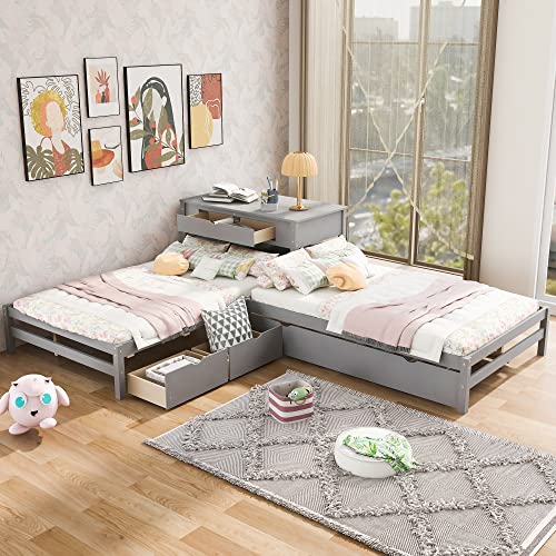 MOEO L-Shaped Full Size Platform Bed with Trundle and Drawers Linked w/ Built-in Desk for Kids, Bedroom, Teens, Adults, No Box Spring Needed, 3 Wood Bedframe in 1, Gray