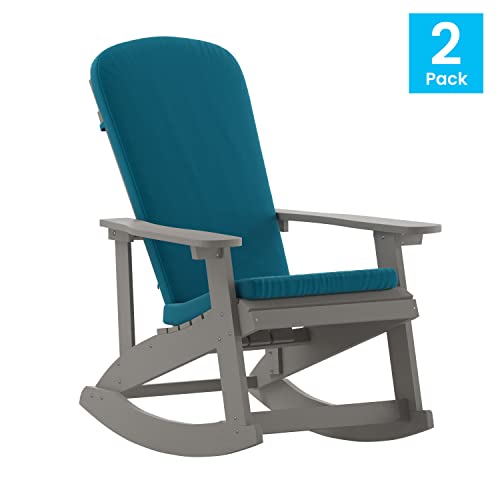 Flash Furniture Savannah Rocking Adirondack Chairs Poly Resin Frame All-Weather Cushions-Indoor/Outdoor Use, Set of 2, Gray/Teal