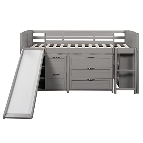 Low Loft Bed with Slide and Storage Twin Loft Bed Frame with Cabinet Drawers and Book Shelves, Wooden Loft Beds for Kids Boys Girls, Gray