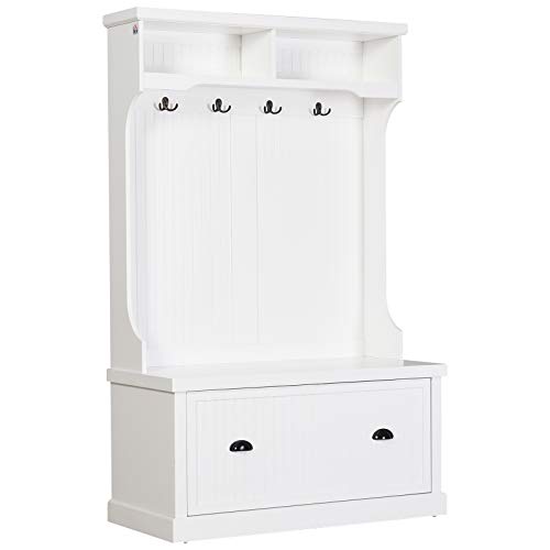 HOMCOM Hall Tree for Entryway, Coat Rack Shoe Bench with Bottom Storage, 4 Metal Double Hooks and 2 Shelves for Hallway, Living Room, White