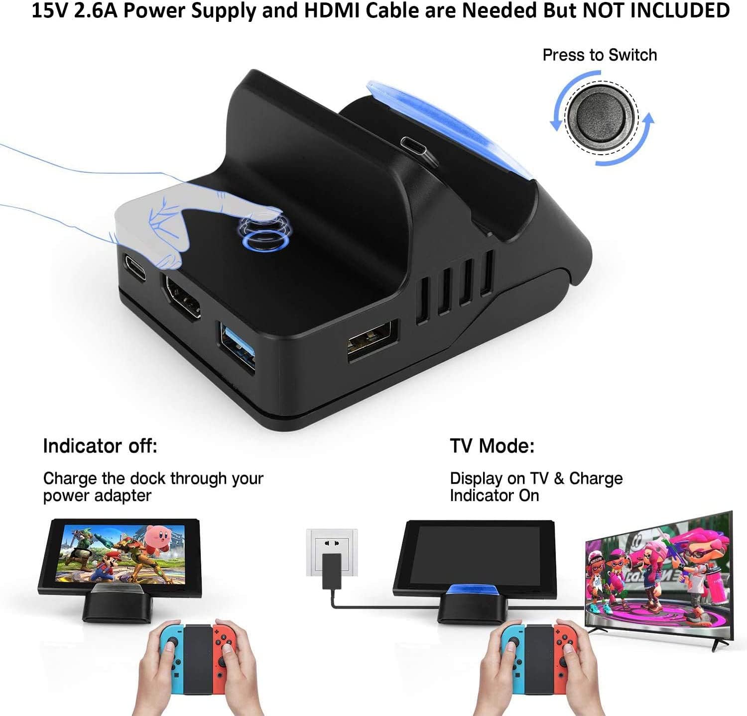 Switch Dock for Nintendo Switch/Switch OLED (Nintendo Switch Docking Station for TV & Charging Dock) Portable Nintendo Switch Dock TV Adapter Stand (4K HDMI 3.0) – Super Small (Black/No Cables)
