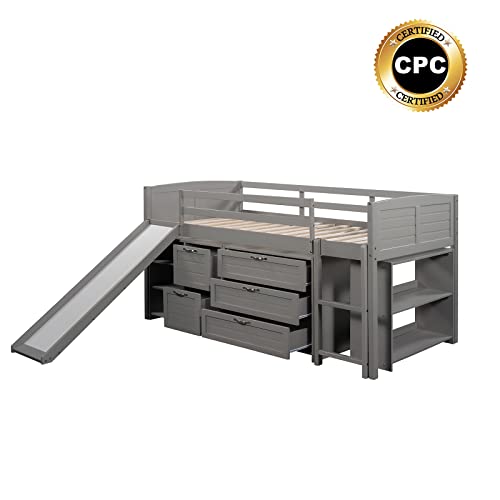 Low Loft Bed with Slide and Storage Twin Loft Bed Frame with Cabinet Drawers and Book Shelves, Wooden Loft Beds for Kids Boys Girls, Gray