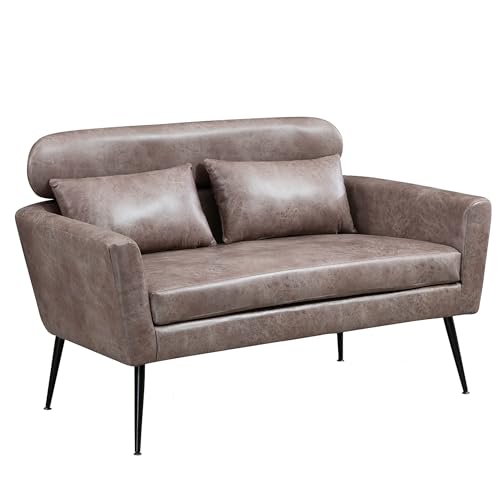 51" Faux Leather Loveseat Sofa with 2 Throw Pillows,Mid-Century Loveseat Faux Leather Sofa Couch for Small Space,Two-Seater Sofa with Metal Legs,Small Mini Room Couch for Office (Taupe)