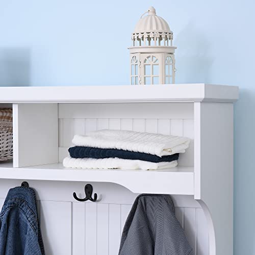 HOMCOM Hall Tree for Entryway, Coat Rack Shoe Bench with Bottom Storage, 4 Metal Double Hooks and 2 Shelves for Hallway, Living Room, White