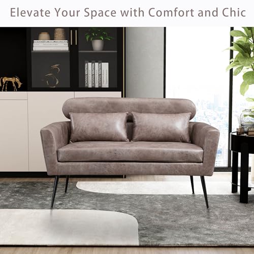 51" Faux Leather Loveseat Sofa with 2 Throw Pillows,Mid-Century Loveseat Faux Leather Sofa Couch for Small Space,Two-Seater Sofa with Metal Legs,Small Mini Room Couch for Office (Taupe)