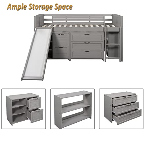 Low Loft Bed with Slide and Storage Twin Loft Bed Frame with Cabinet Drawers and Book Shelves, Wooden Loft Beds for Kids Boys Girls, Gray
