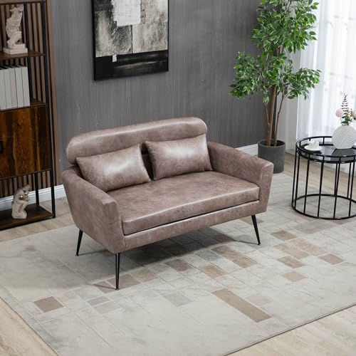 51" Faux Leather Loveseat Sofa with 2 Throw Pillows,Mid-Century Loveseat Faux Leather Sofa Couch for Small Space,Two-Seater Sofa with Metal Legs,Small Mini Room Couch for Office (Taupe)