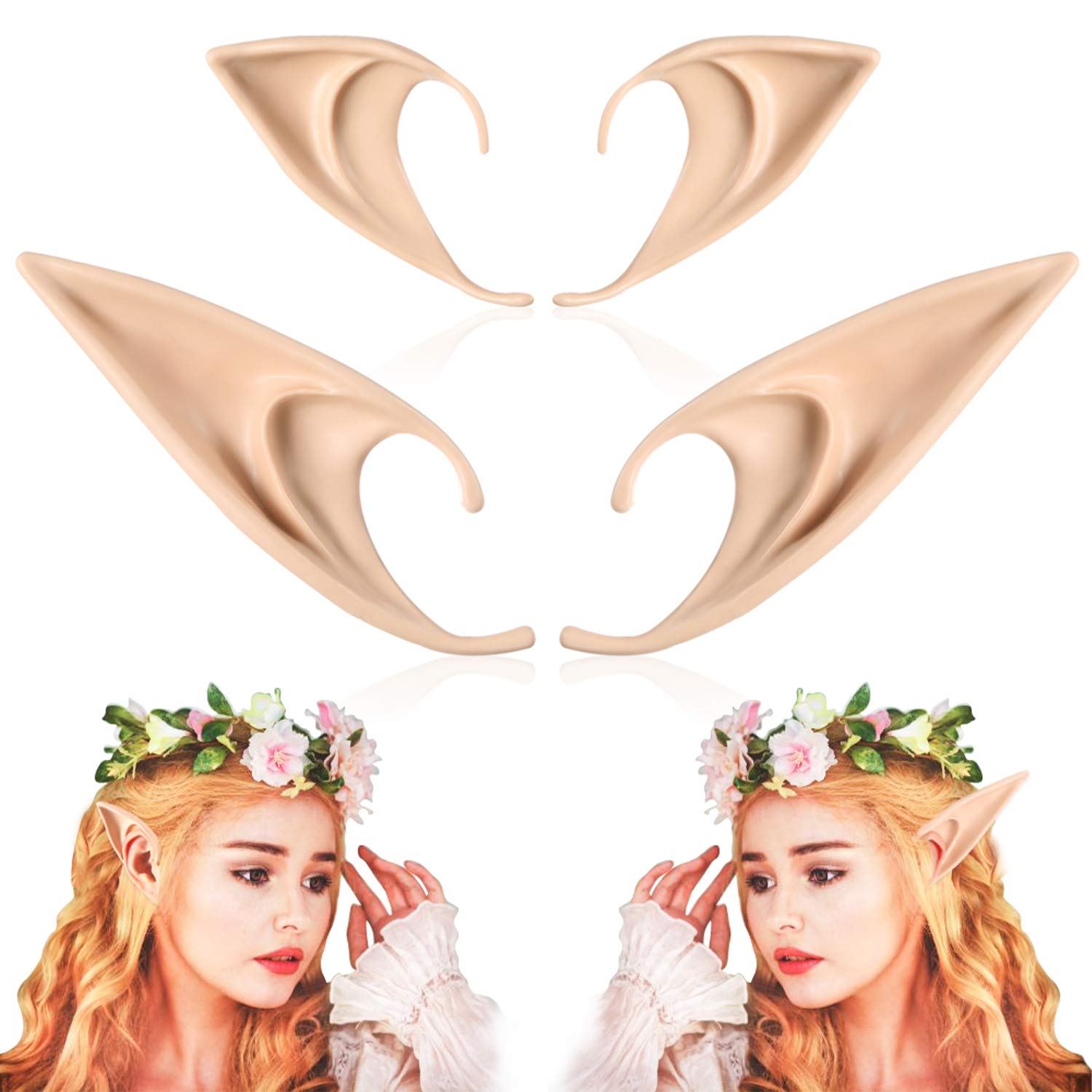 FRESHME Fairy Pixie Elf Ears - Medium and Long Style Cosplay Soft Pointed Ears Renaissance Party Christmas Halloween Costume Makeup Costume Accessories Elven Masquerade Vampire (2 Pairs)