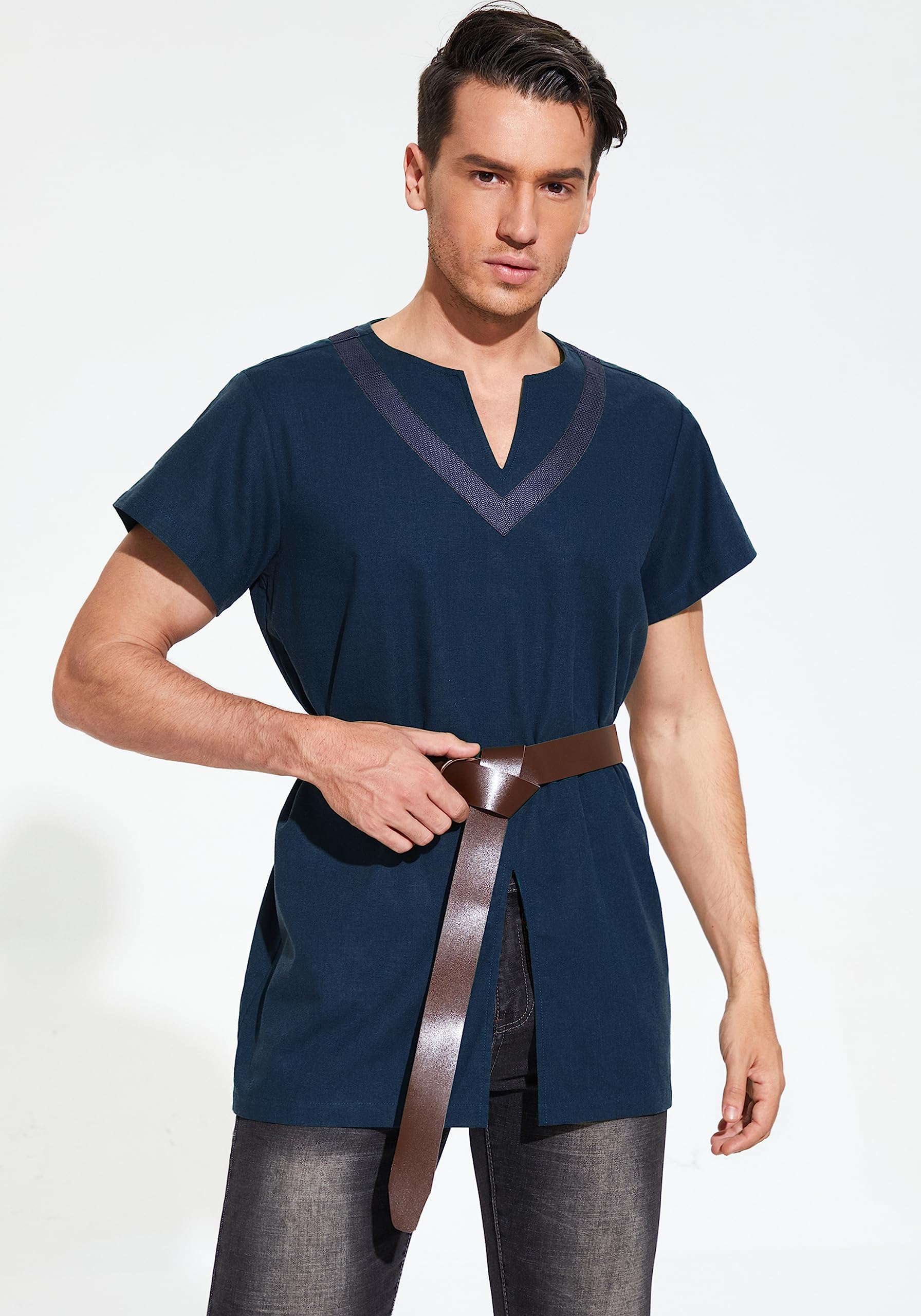 FURPHI US Size Medieval Linen Tunic with Belt for Men Medieval Shirt Knight Ren Faire Costume