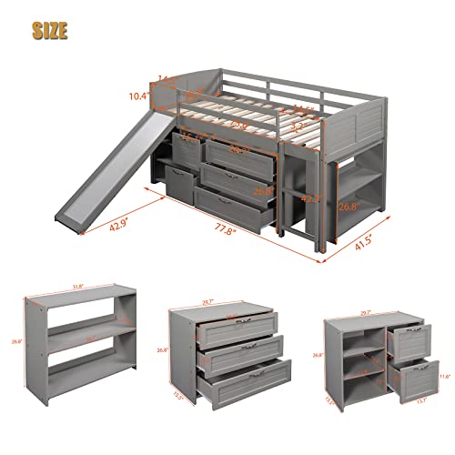 Low Loft Bed with Slide and Storage Twin Loft Bed Frame with Cabinet Drawers and Book Shelves, Wooden Loft Beds for Kids Boys Girls, Gray