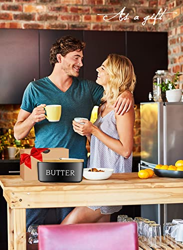 AISBUGUR Large Butter Dish with Lid Ceramics Butter Keeper Container with Knife and High- quality Silicone Sealing Butter Dishes with Covers Good Kitchen Gift Black