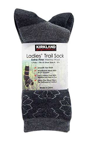 Kirkland Signature Womens 6 Pack Extra Fine Merino Wool Trail Socks (Grey/Blue)