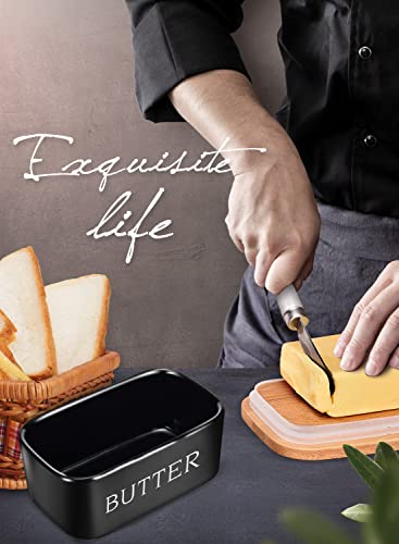AISBUGUR Large Butter Dish with Lid Ceramics Butter Keeper Container with Knife and High- quality Silicone Sealing Butter Dishes with Covers Good Kitchen Gift Black
