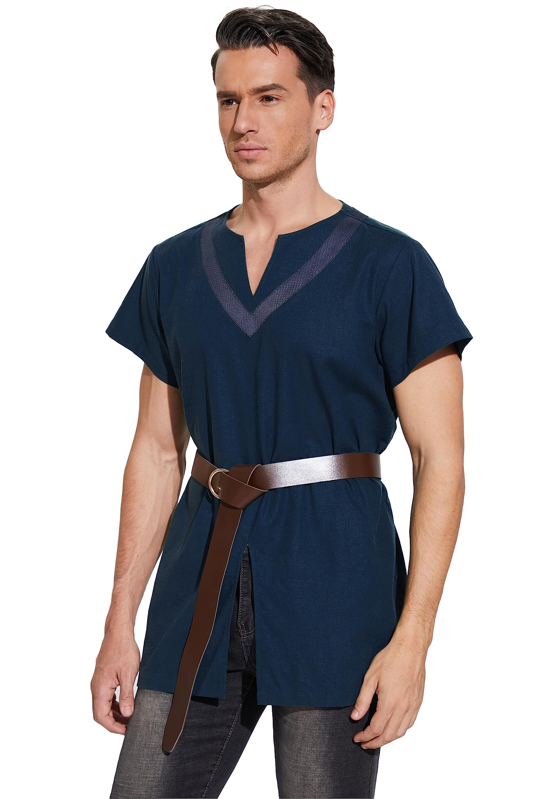 FURPHI US Size Medieval Linen Tunic with Belt for Men Medieval Shirt Knight Ren Faire Costume