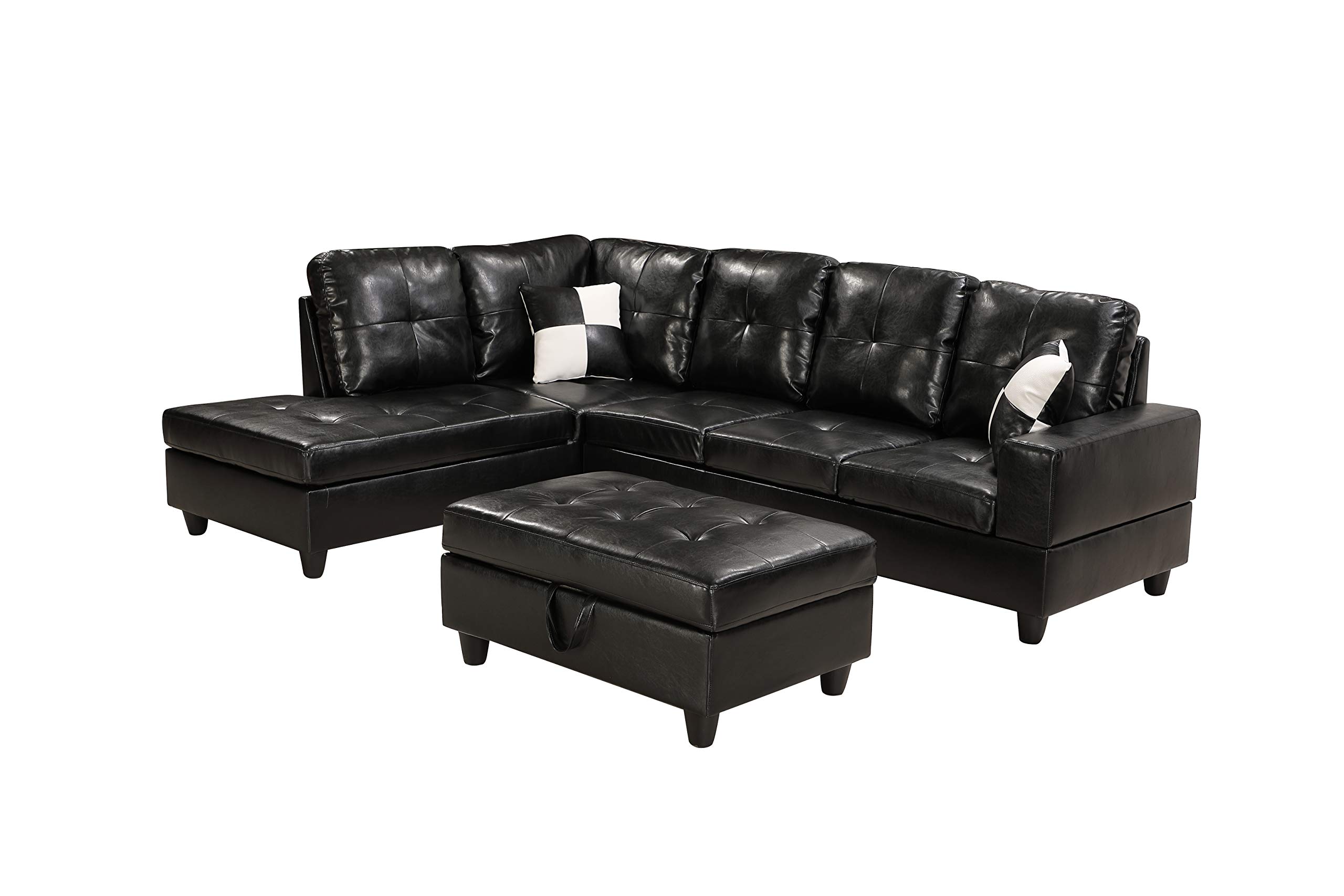 GINGVAT Faux Leather Sectional Sofa Couch L-Shape with Left Chaise Storage Ottoman & 2 Pillows, Living Room Furniture Sets, Black