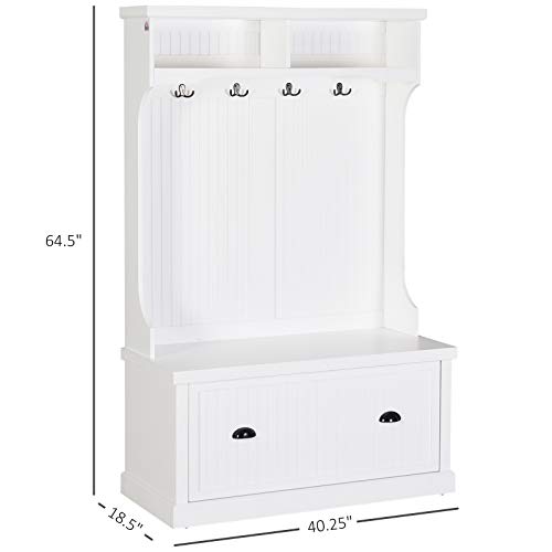 HOMCOM Hall Tree for Entryway, Coat Rack Shoe Bench with Bottom Storage, 4 Metal Double Hooks and 2 Shelves for Hallway, Living Room, White