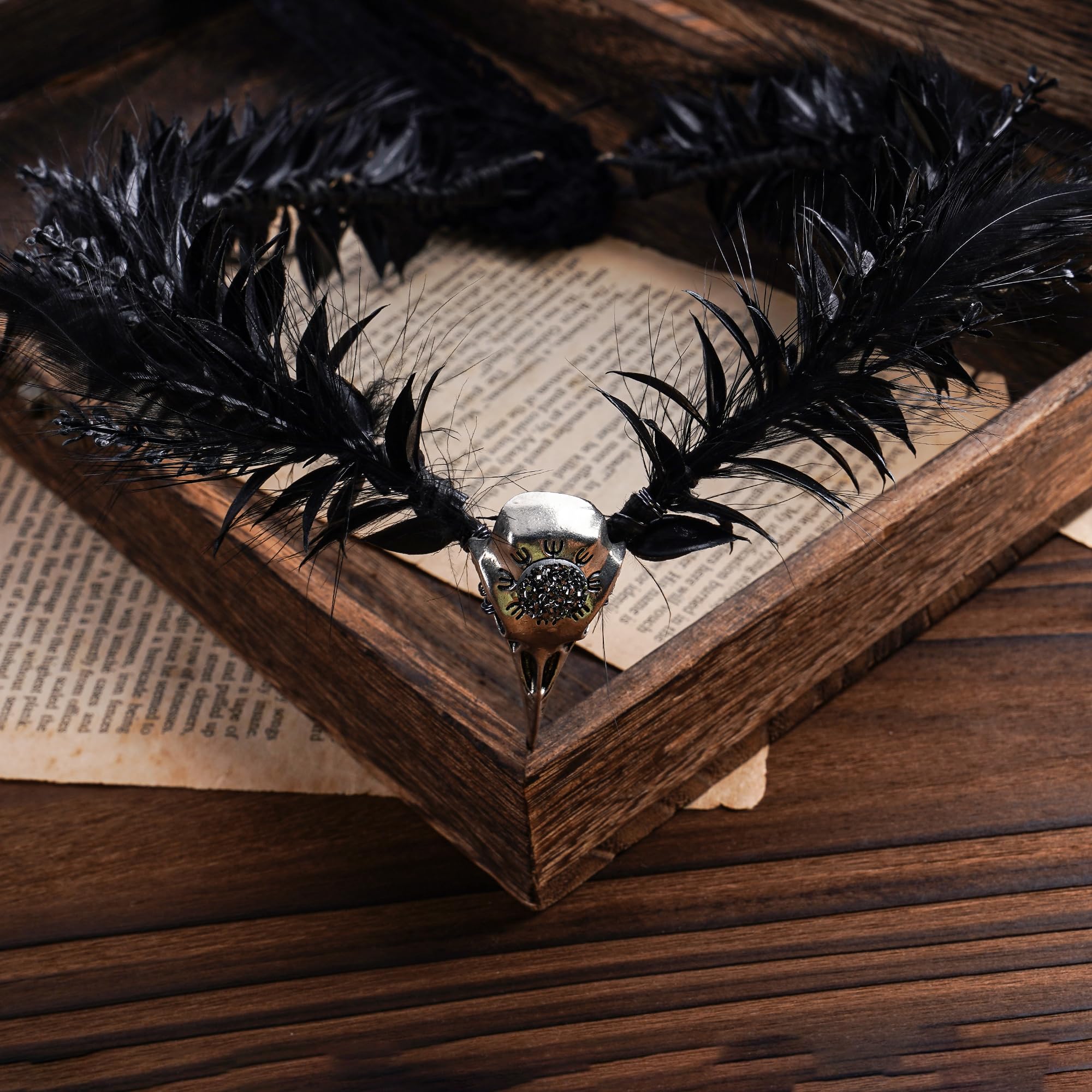 MOSTORY Gothic Black Feather Crown - Witch Headpiece Elf Raven Headband Fairy Circle for Witch Outfit Renfaire Halloween Cosplay Dark Wedding Renaissance Costume Women