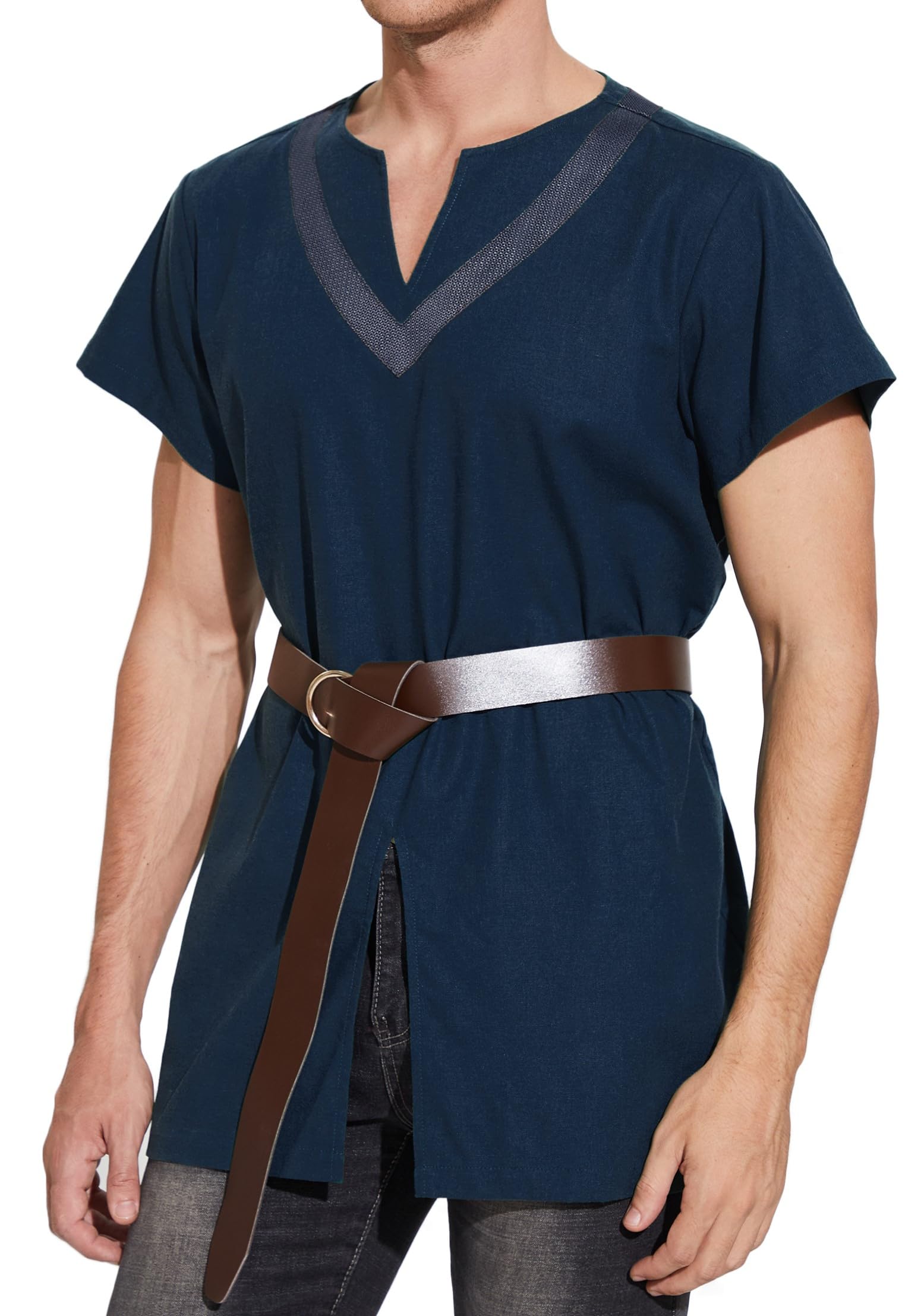 FURPHI US Size Medieval Linen Tunic with Belt for Men Medieval Shirt Knight Ren Faire Costume
