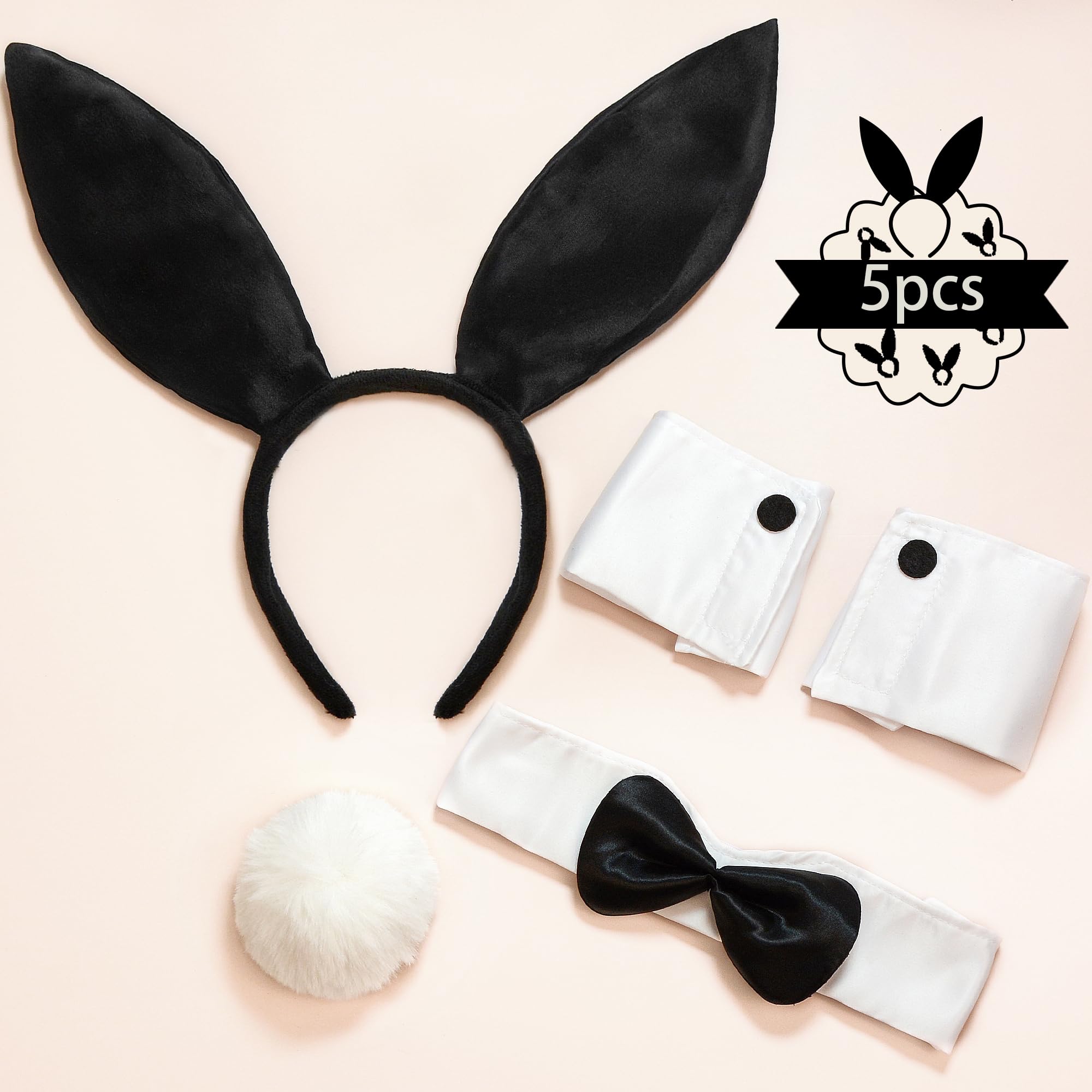 U-Goforst Women Bunny Costume Accessories Set, White and Black Bunny Ears Headband Collar Bow Tie Costume Cuffs Rabbit Tail for Adult Halloween Party