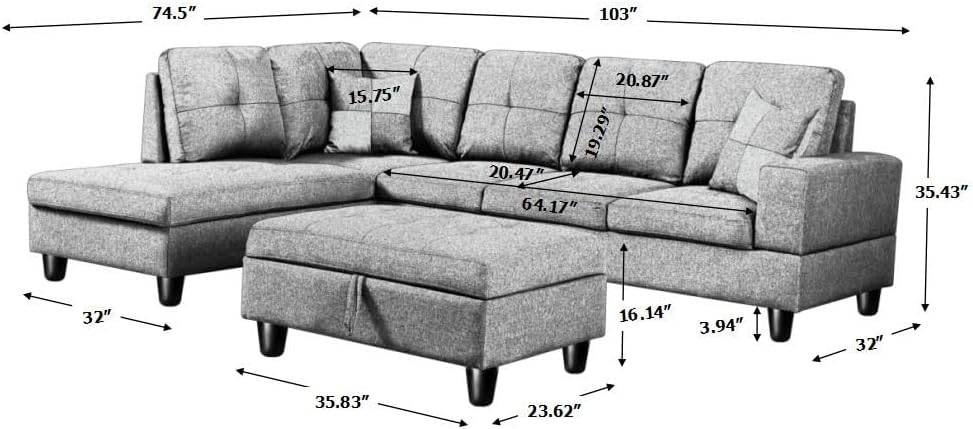 GINGVAT Faux Leather Sectional Sofa Couch L-Shape with Left Chaise Storage Ottoman & 2 Pillows, Living Room Furniture Sets, Black