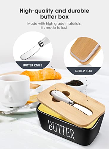 AISBUGUR Large Butter Dish with Lid Ceramics Butter Keeper Container with Knife and High- quality Silicone Sealing Butter Dishes with Covers Good Kitchen Gift Black