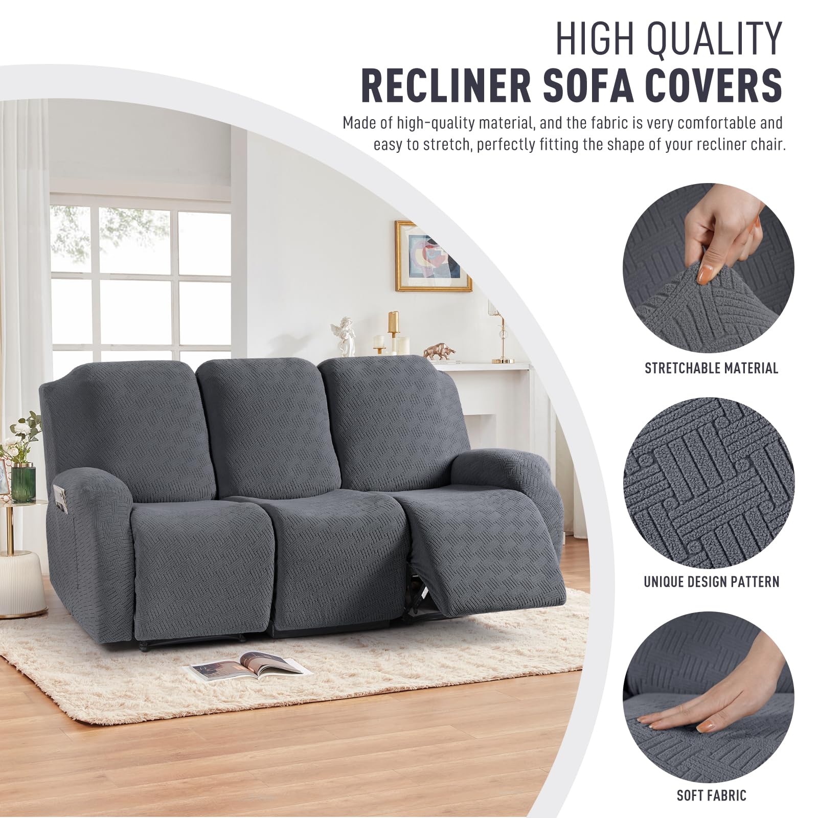 KinCam Recliner Covers, Stretch Reclining Chair Covers, Recliner Sofa Slipcovers Stripe Jacquard Recliner Couch Covers Furniture Protector Covers for Pet Kid (3 Seater, Dark Gray)