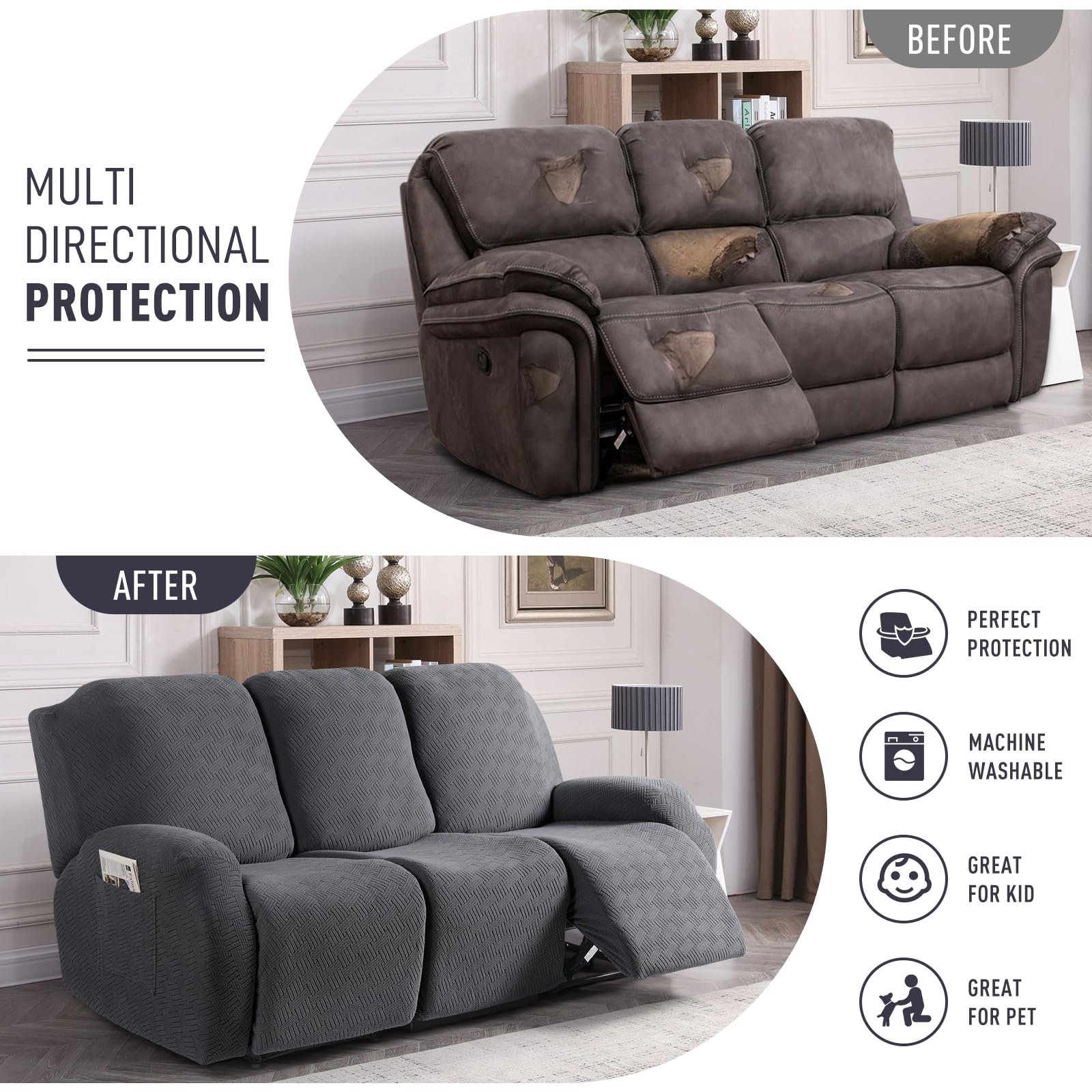 KinCam Recliner Covers, Stretch Reclining Chair Covers, Recliner Sofa Slipcovers Stripe Jacquard Recliner Couch Covers Furniture Protector Covers for Pet Kid (3 Seater, Dark Gray)