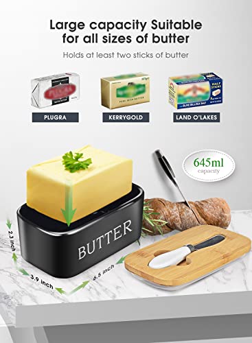 AISBUGUR Large Butter Dish with Lid Ceramics Butter Keeper Container with Knife and High- quality Silicone Sealing Butter Dishes with Covers Good Kitchen Gift Black