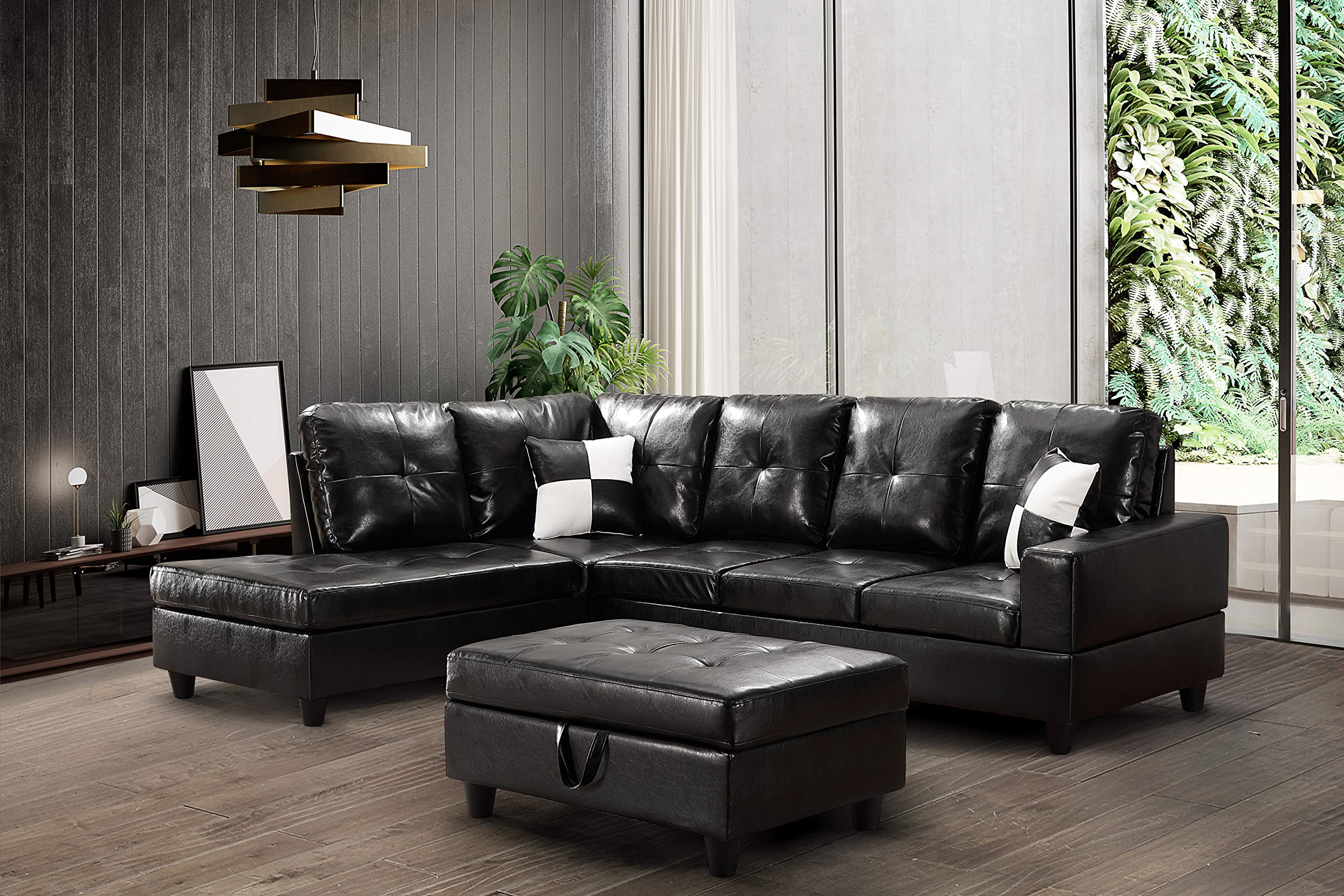 GINGVAT Faux Leather Sectional Sofa Couch L-Shape with Left Chaise Storage Ottoman & 2 Pillows, Living Room Furniture Sets, Black