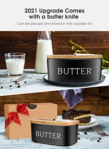 AISBUGUR Large Butter Dish with Lid Ceramics Butter Keeper Container with Knife and High- quality Silicone Sealing Butter Dishes with Covers Good Kitchen Gift Black