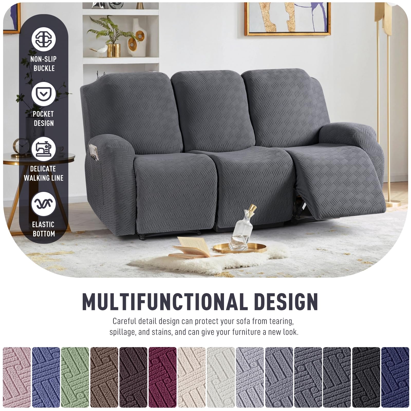 KinCam Recliner Covers, Stretch Reclining Chair Covers, Recliner Sofa Slipcovers Stripe Jacquard Recliner Couch Covers Furniture Protector Covers for Pet Kid (3 Seater, Dark Gray)