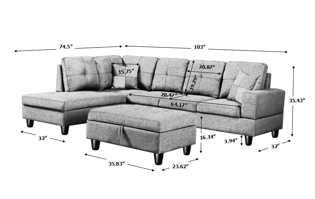 GINGVAT Faux Leather Sectional Sofa Couch L-Shape with Left Chaise Storage Ottoman & 2 Pillows, Living Room Furniture Sets, Black