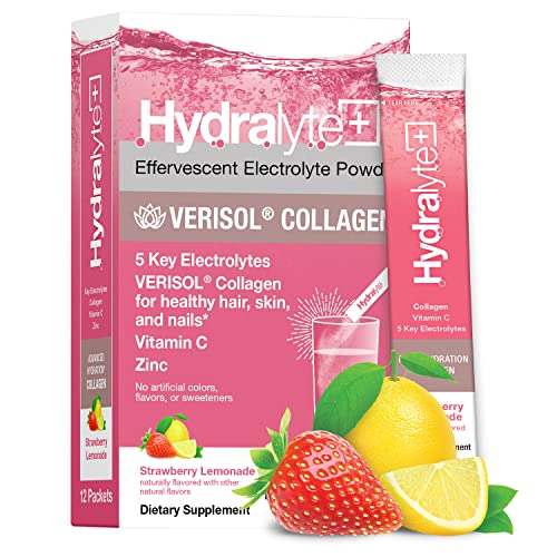 HydraLyte Electrolytes Plus Collagen, Lightly Sparkling Strawberry Lemonade VERISOL Collagen Powder Packets - Clinical Daily Dose of High Grade Collagen with Vitamin C and Zinc (8oz Serving, 12 Count)