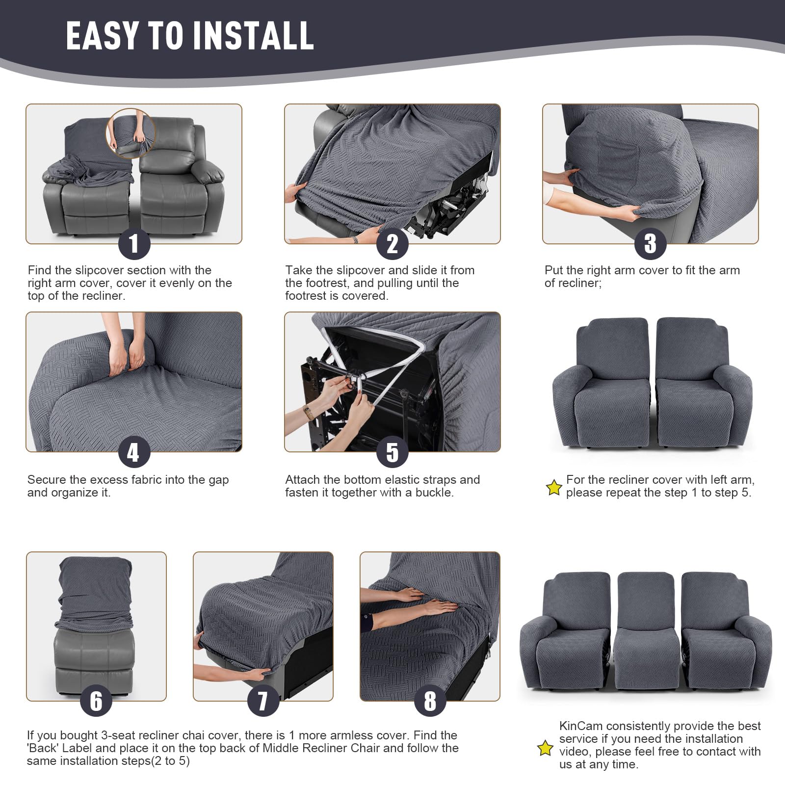 KinCam Recliner Covers, Stretch Reclining Chair Covers, Recliner Sofa Slipcovers Stripe Jacquard Recliner Couch Covers Furniture Protector Covers for Pet Kid (3 Seater, Dark Gray)