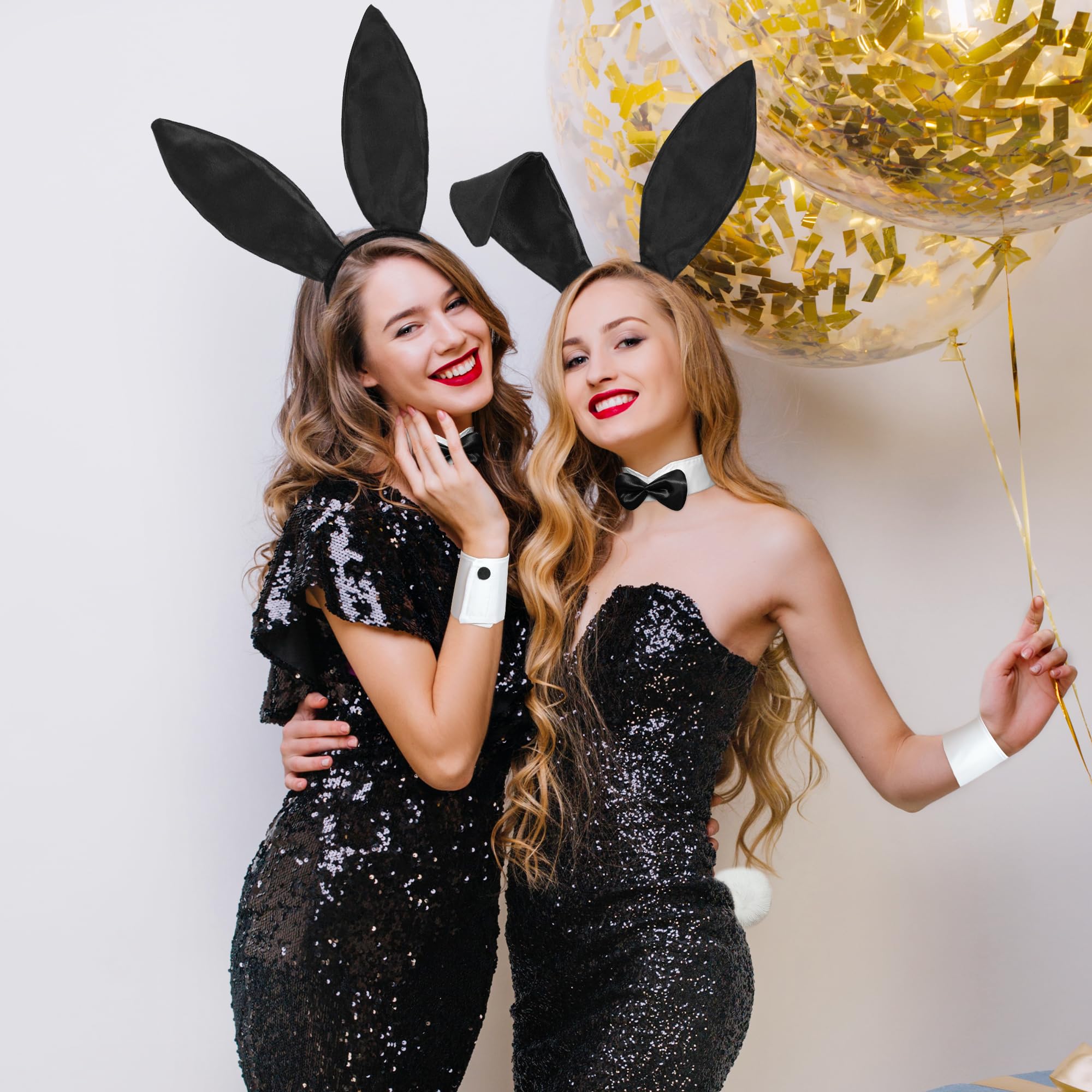 U-Goforst Women Bunny Costume Accessories Set, White and Black Bunny Ears Headband Collar Bow Tie Costume Cuffs Rabbit Tail for Adult Halloween Party