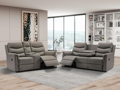 Verfur 2 Pieces Faxu Leather Recliner Sofa Sets, 3 Seater Manual Reclining Motion Couch and Loveseat with Storage Console & Cup Holders for Living Room/Office/RV Theater Seating Furniture Set
