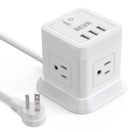 BEVA Power Strip with USB - 5ft Long Extension Cord with 4 Widely Spaced Outlets and 3 USB Ports Cube Desktop Charging Station, Overload Protection, Compact for Travel, Cruise Ship and Dorm