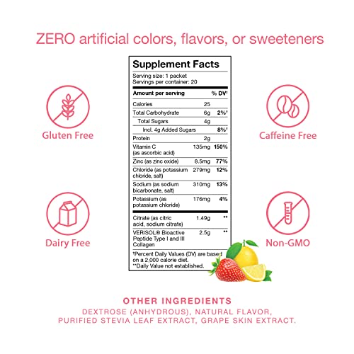 HydraLyte Electrolytes Plus Collagen, Lightly Sparkling Strawberry Lemonade VERISOL Collagen Powder Packets - Clinical Daily Dose of High Grade Collagen with Vitamin C and Zinc (8oz Serving, 12 Count)