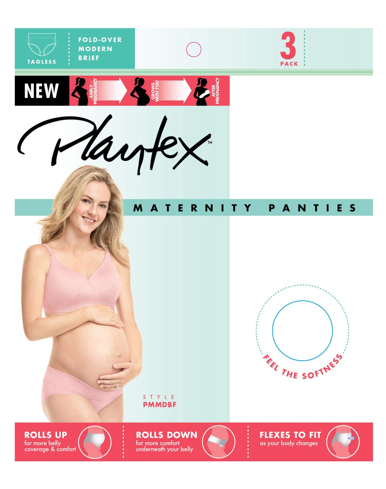 Playtex Women's Maternity Fold Down Modern Brief Panties 3-Pack, Crystal Grey Heather/Cafe Blue Lait/Black, Large