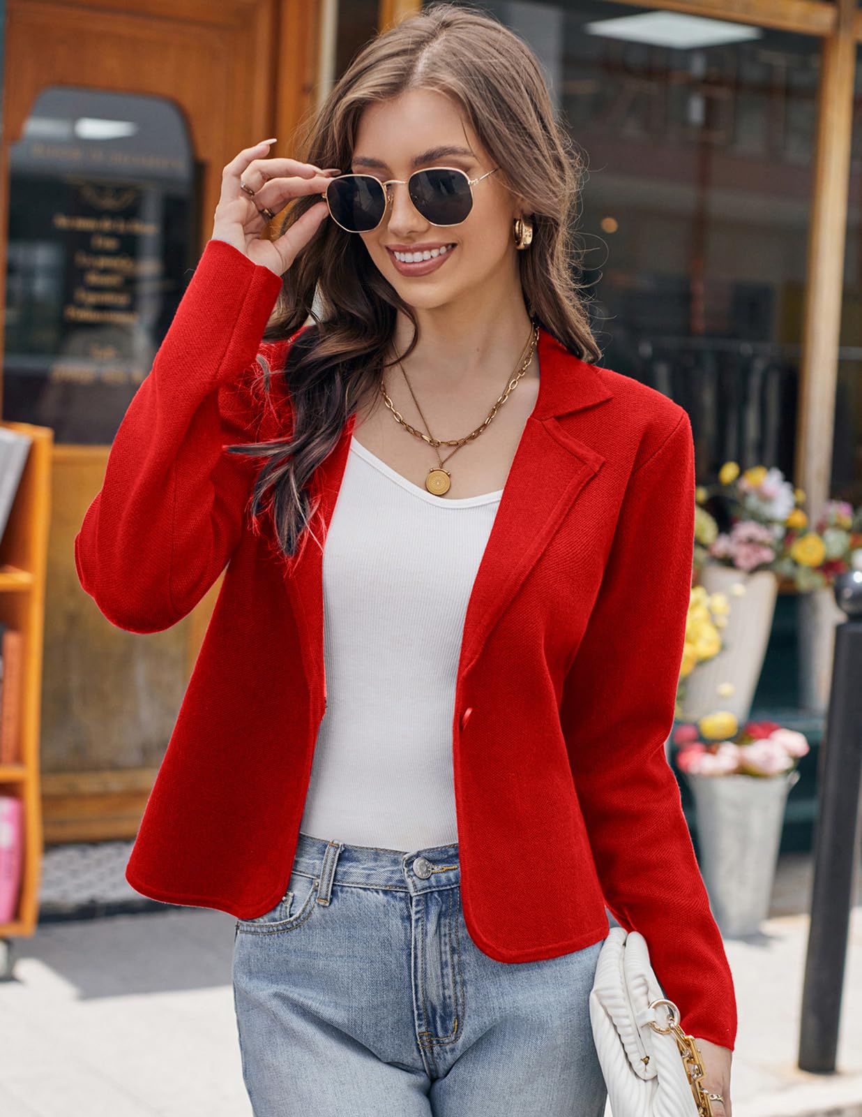 Women Knit Blazer Jackets Work Casual Long Sleeve Button Dressy Cardigan Cropped Sweater Blazer Red S