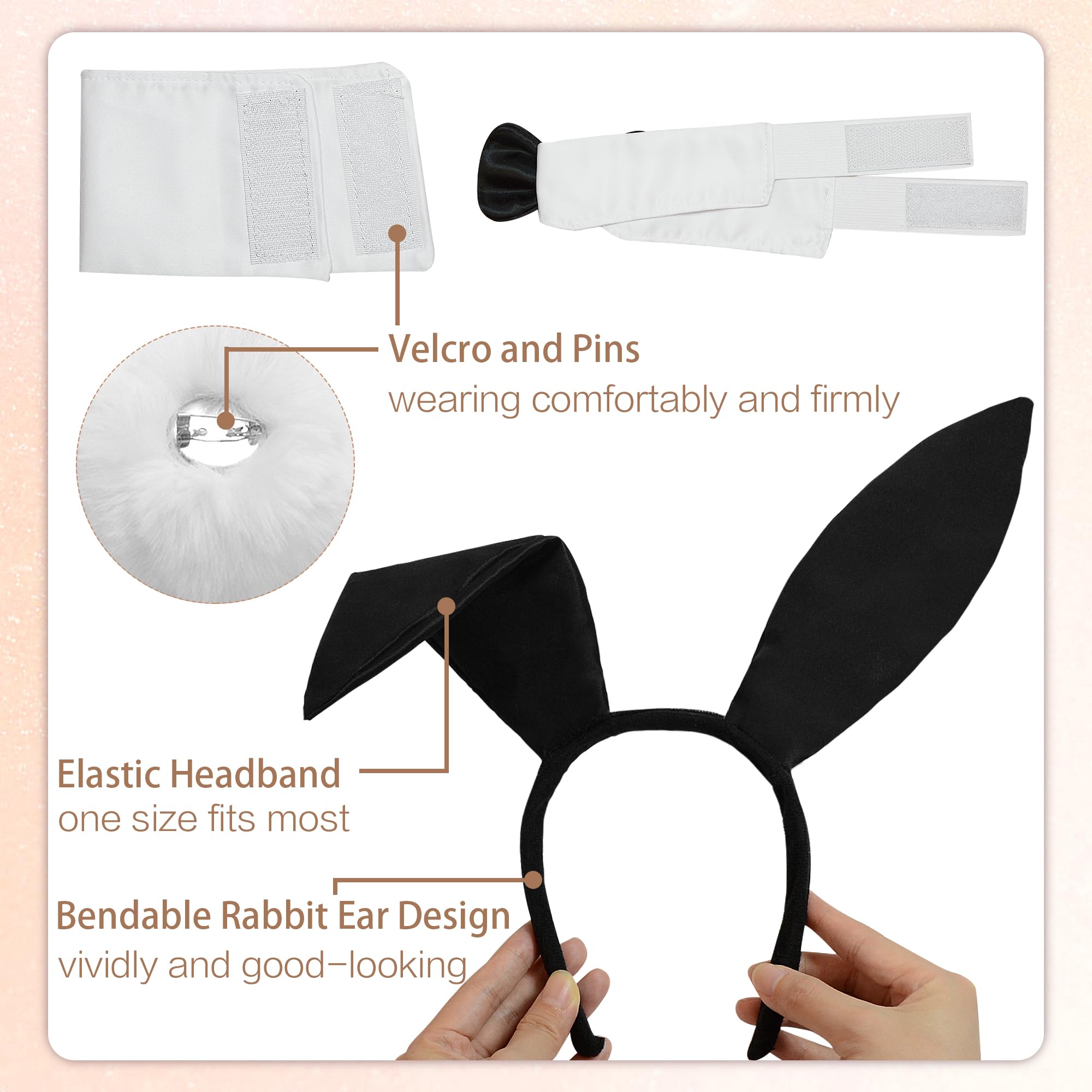 U-Goforst Women Bunny Costume Accessories Set, White and Black Bunny Ears Headband Collar Bow Tie Costume Cuffs Rabbit Tail for Adult Halloween Party