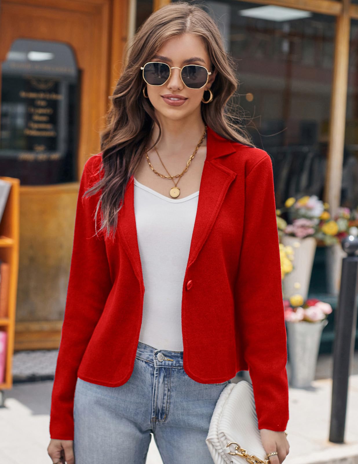 Women Knit Blazer Jackets Work Casual Long Sleeve Button Dressy Cardigan Cropped Sweater Blazer Red S