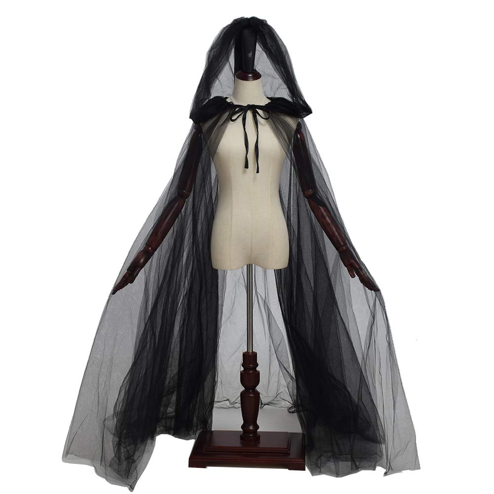 Ghost Costume Haunted Hooded Cape Costume Black Capes for Women Bride Hooded Cape Cloak 59.06 IN (Black)