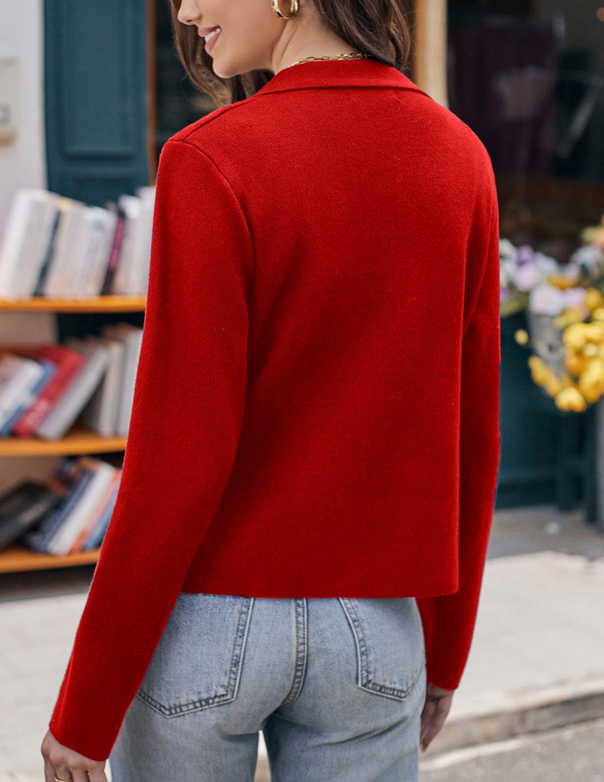 Women Knit Blazer Jackets Work Casual Long Sleeve Button Dressy Cardigan Cropped Sweater Blazer Red S