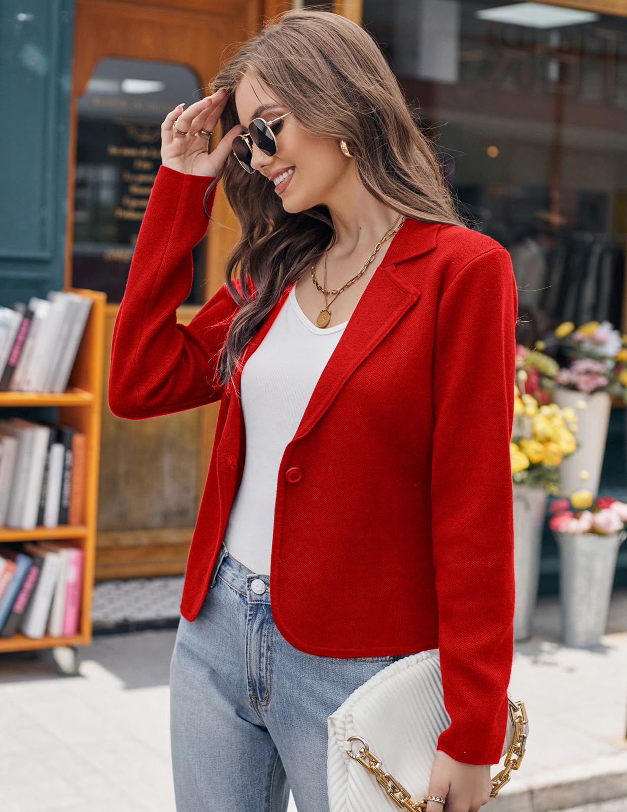 Women Knit Blazer Jackets Work Casual Long Sleeve Button Dressy Cardigan Cropped Sweater Blazer Red S